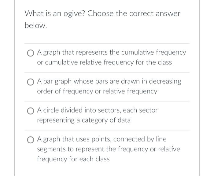 Solved What is an ogive? Choose the correct answer below. A | Chegg.com