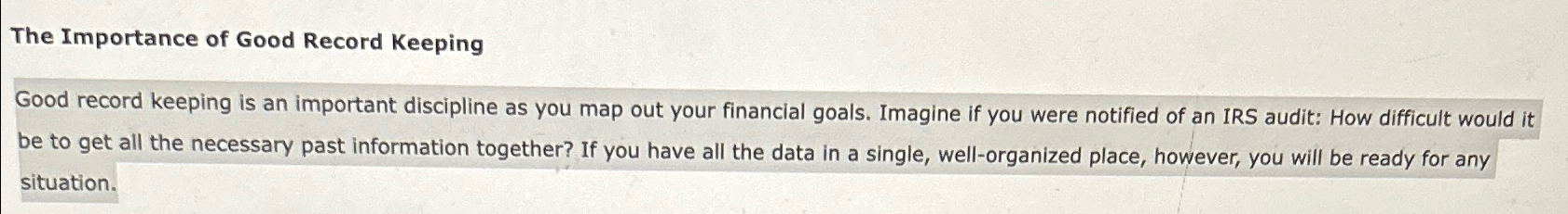 Solved The Importance of Good Record KeepingGood record | Chegg.com