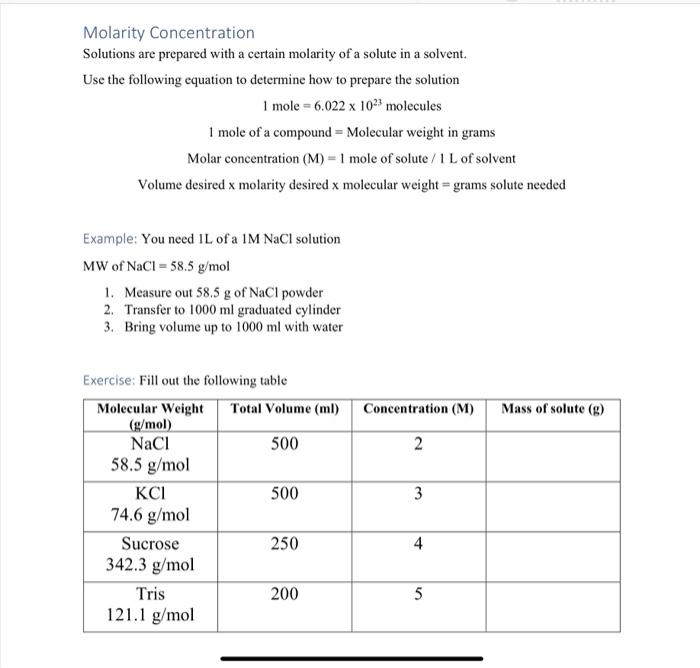 Solved Molarity Concentration Solutions are prepared with a | Chegg.com