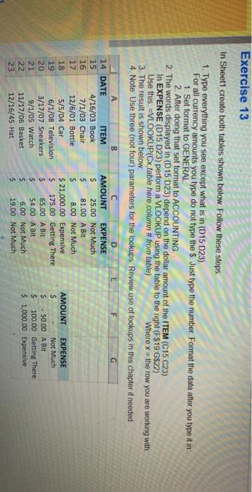 Exercise 13 In Sheet1 create both tables shown below. | Chegg.com