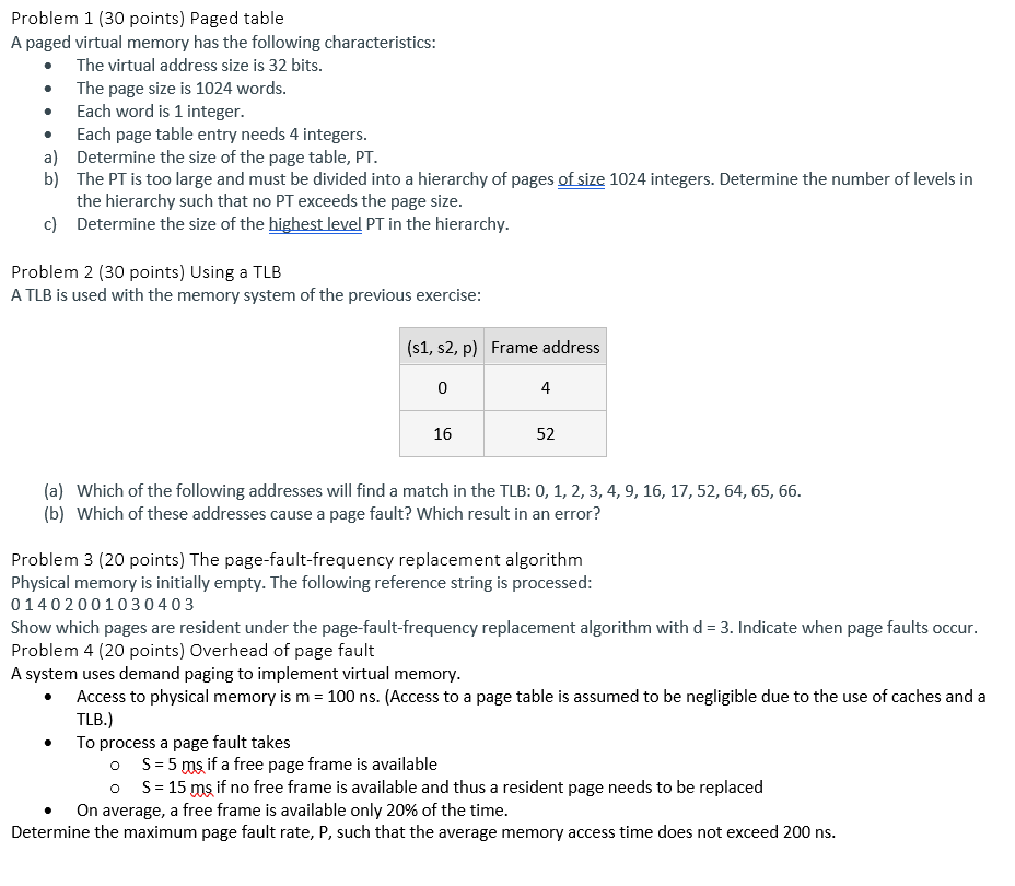 Solved Problem 1 (30 ﻿points) ﻿Paged table A paged virtual | Chegg.com