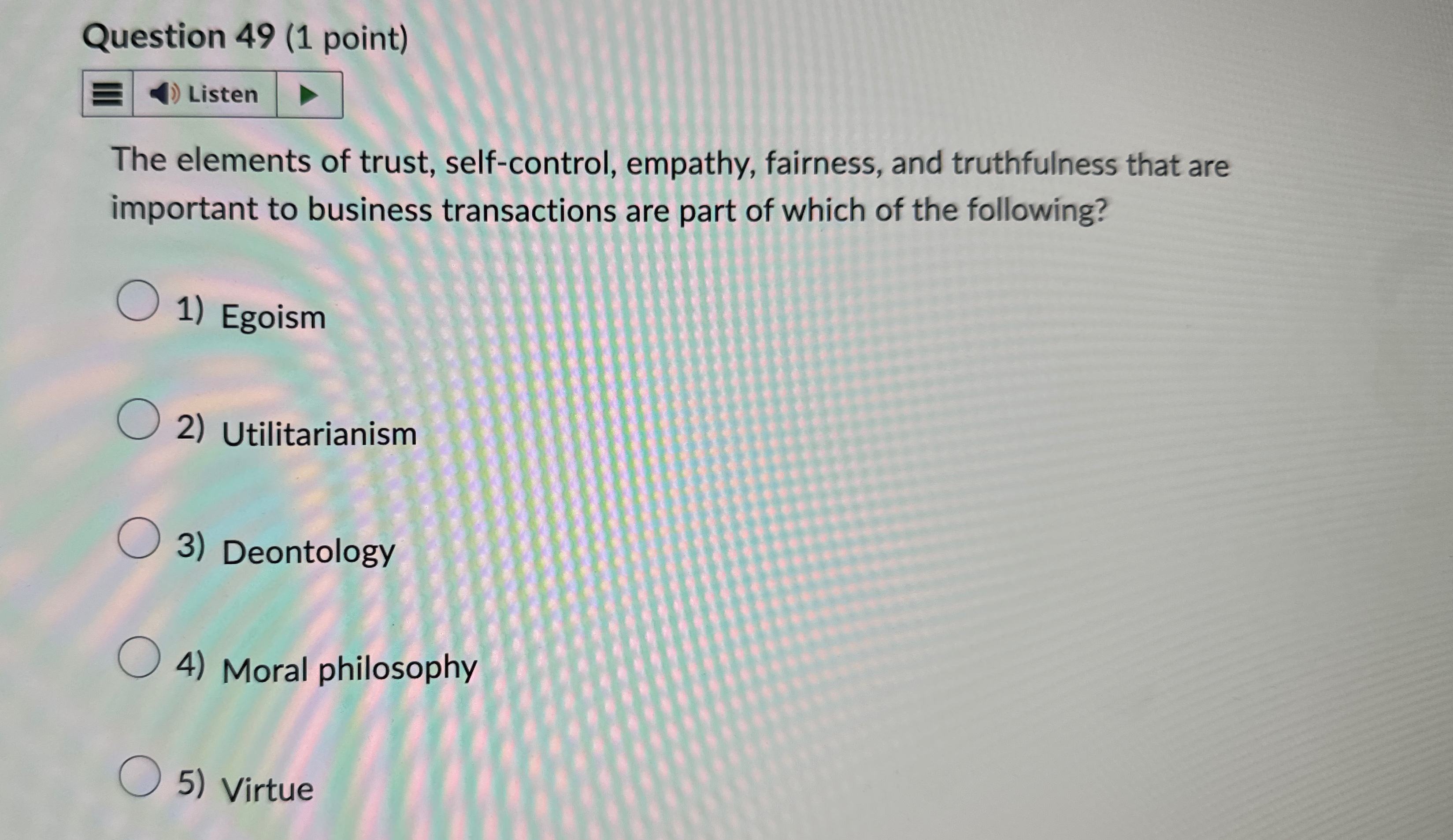 Solved Question 49 (1 ﻿point)The elements of trust, | Chegg.com