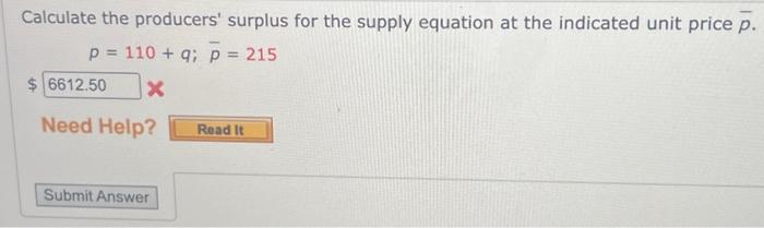 Solved Calculate the producers' surplus for the supply | Chegg.com