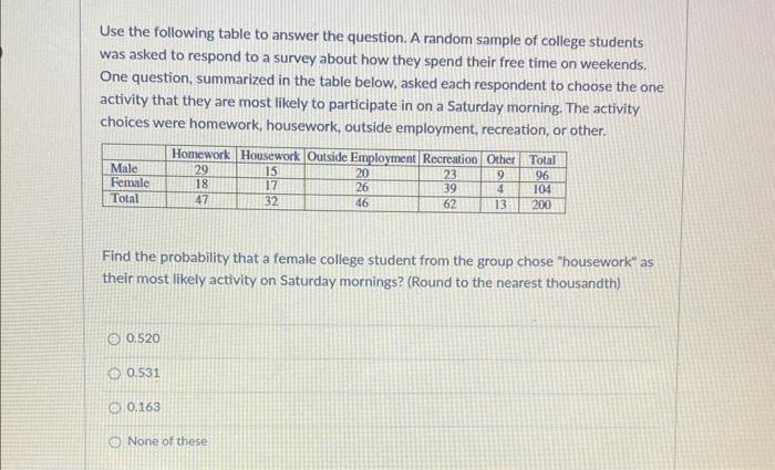 Solved Use the following table to answer the question. A | Chegg.com