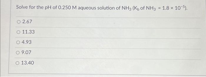 Solved Solve for the pH of 0.250 M aqueous solution of NH3 | Chegg.com