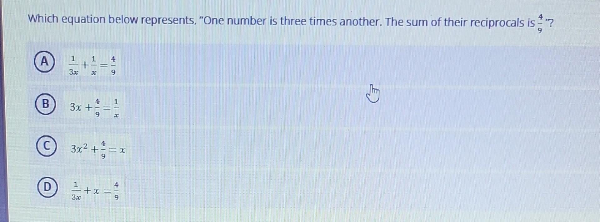 Solved Which equation below represents, "One number is three | Chegg.com