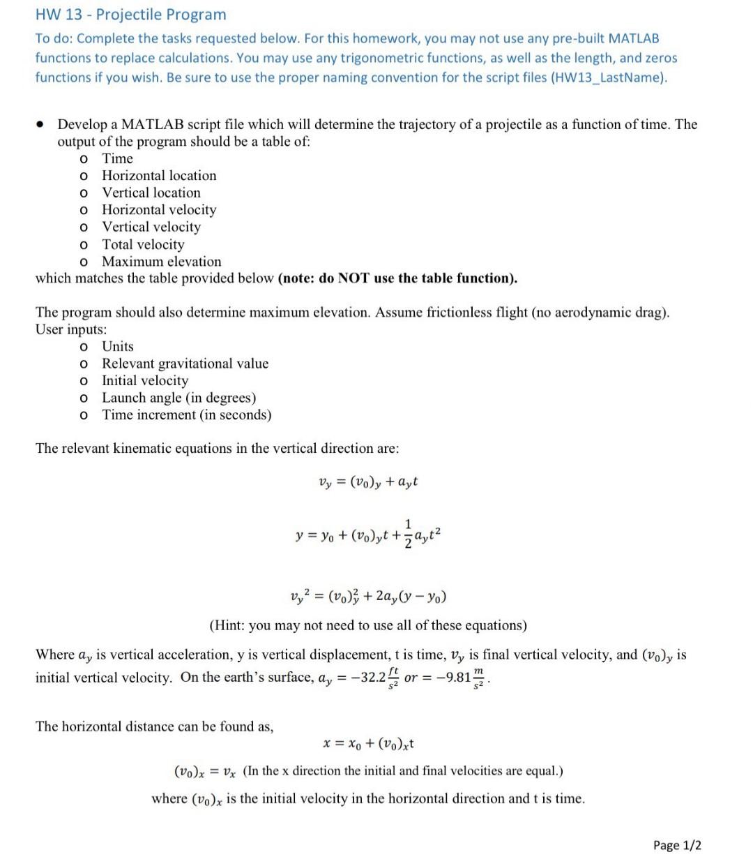Solved HW 13 - Projectile Program To do: Complete the tasks | Chegg.com
