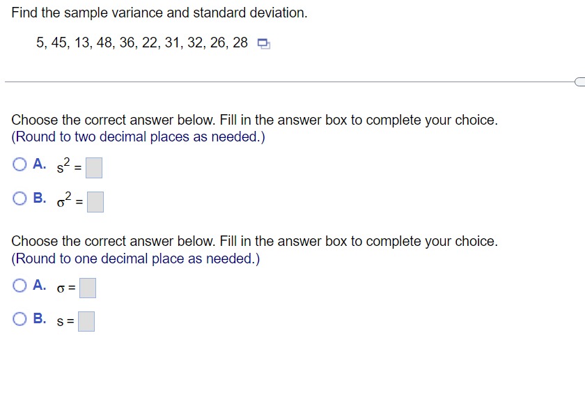 Solved Find the sample variance and standard | Chegg.com