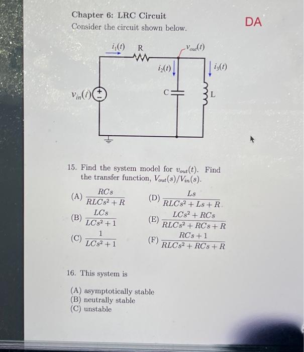 Solved Chapter 6: LRC Circuit Consider the circuit shown | Chegg.com