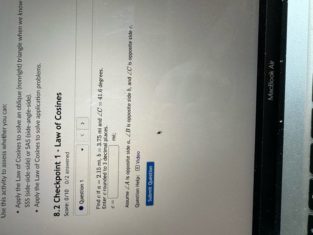 Solved Find c ﻿if a=2.15mi,b=3.75mi ﻿and ??C=41.6 | Chegg.com