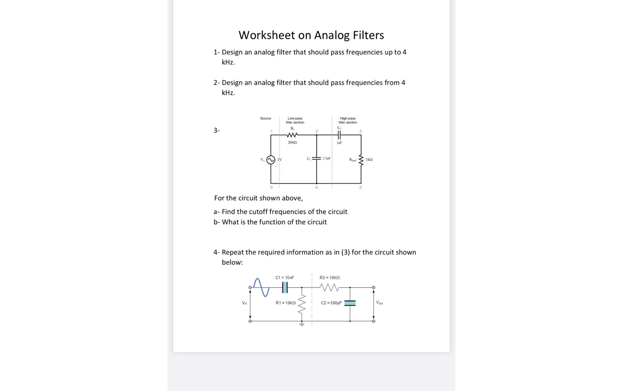 Solved Worksheet on Analog Filters1- ﻿Design an analog | Chegg.com