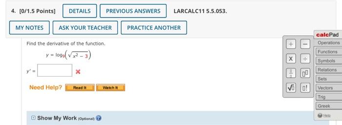 Solved Find The Derivative Of The Function Y Log9 X2−3