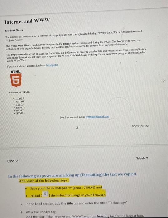 Solved Preparations 1. Create a folder "MyWebsite" in the | Chegg.com