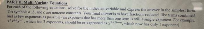 Solved PART II. Multi-Variate Equations For each of the | Chegg.com