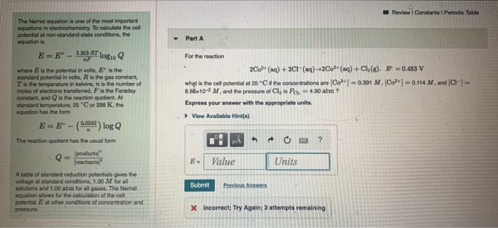 Solved Review Constants 1 Periodic Table The Nernst equation | Chegg.com