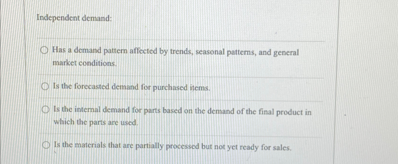 Solved Independent demand:Has a demand pattern affected by | Chegg.com