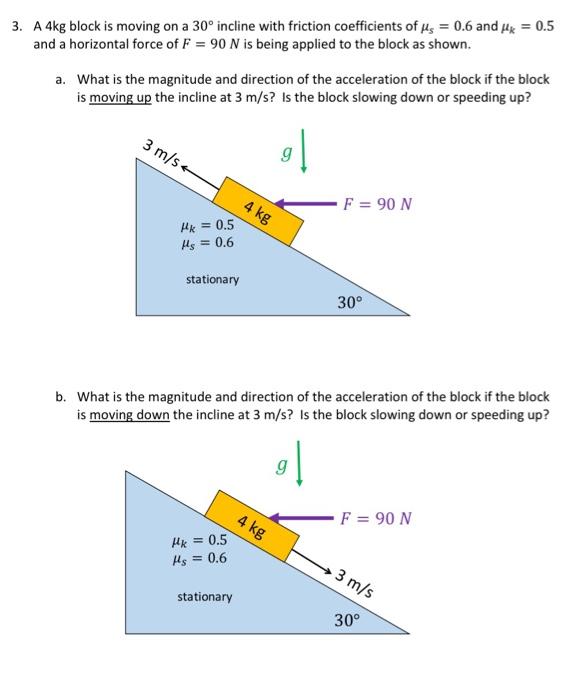 Solved 3. A 4 kg block is moving on a 30∘ incline with | Chegg.com