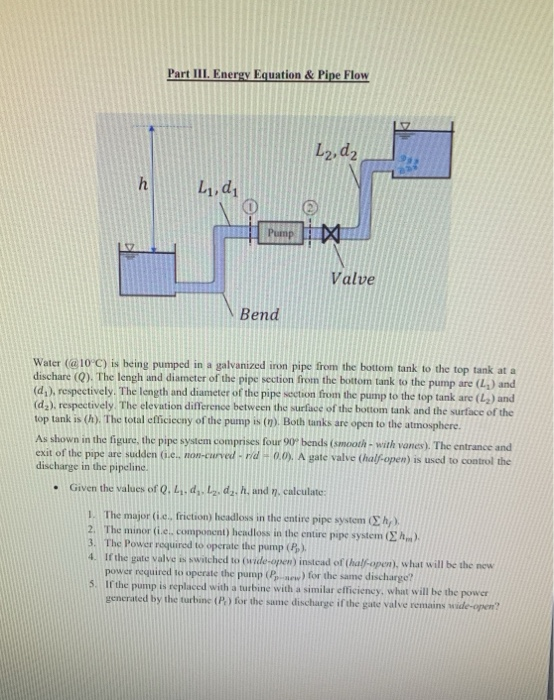 Solved Part III. Energy Equation & Pipe Flow L2, dz. L, | Chegg.com