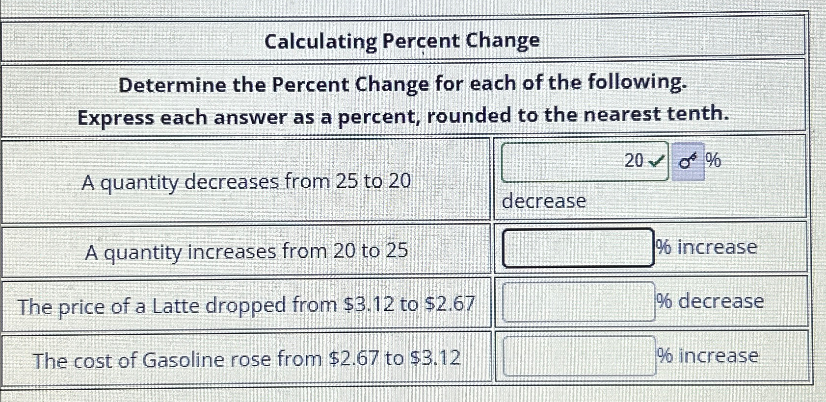 Solved Calculating Percent ChangeDetermine the Percent | Chegg.com