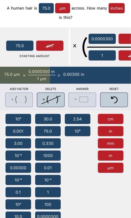 Solved A human hair is 75.0 um across. How many inches is | Chegg.com