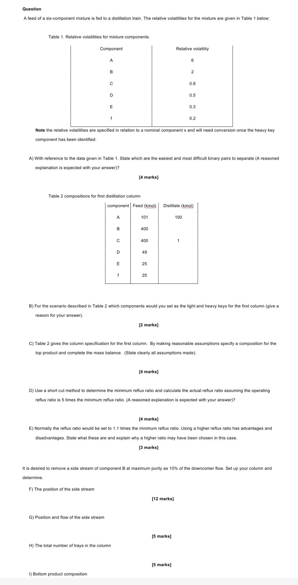 Solved Question A feed of a six-component mixture is fed to | Chegg.com