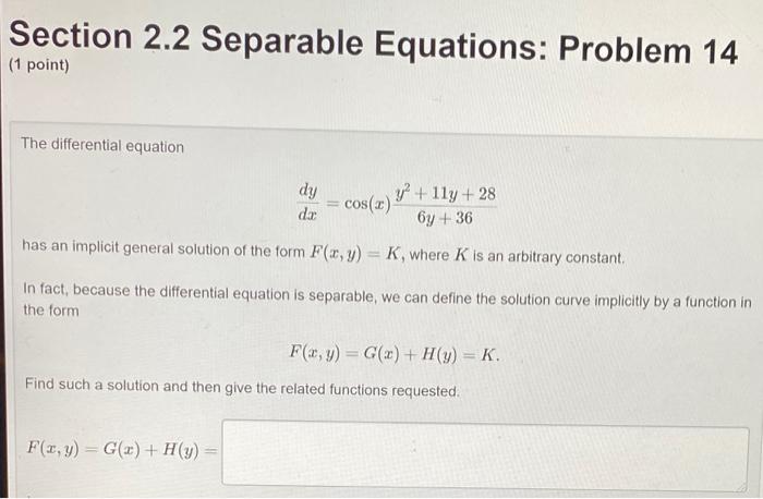 Solved Section 2 2 Separable Equations Problem 14 1 Point