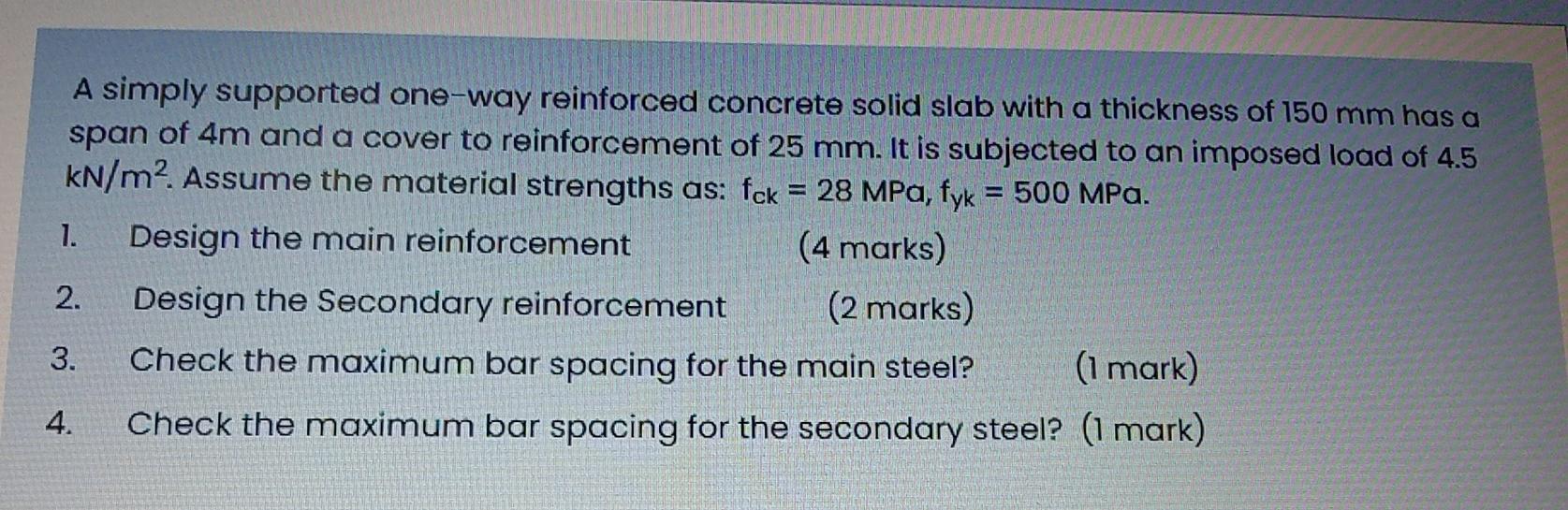 Solved A simply supported one-way reinforced concrete solid | Chegg.com
