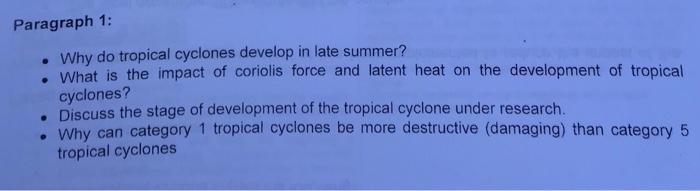 Paragraph 1: - Why do tropical cyclones develop in | Chegg.com