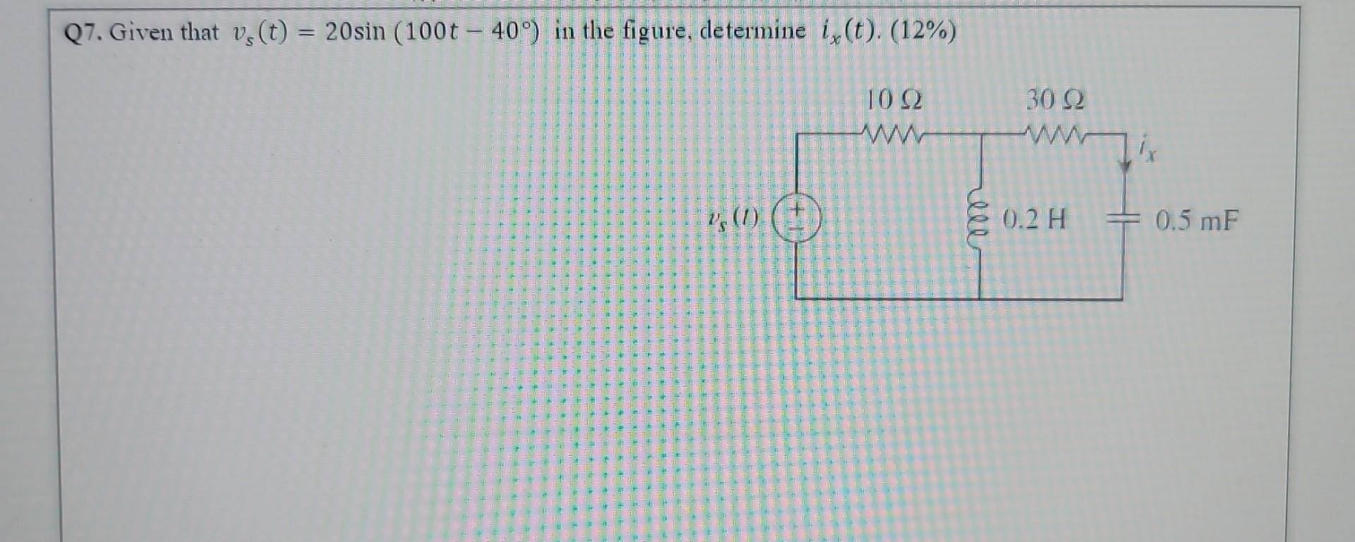 Solved Q7. Given that vs(t)=20sin(100t−40∘) in the figure, | Chegg.com