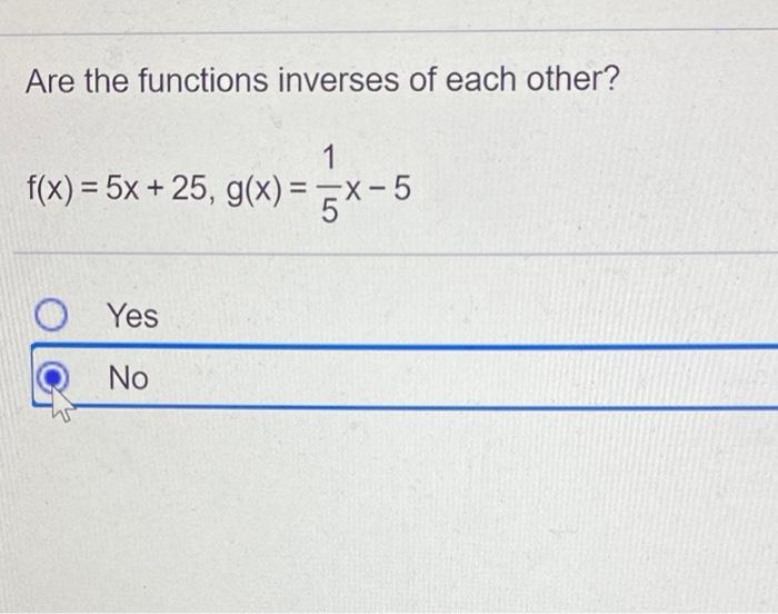 Solved Are the functions inverses of each other? 1 f(x) = 5x | Chegg.com