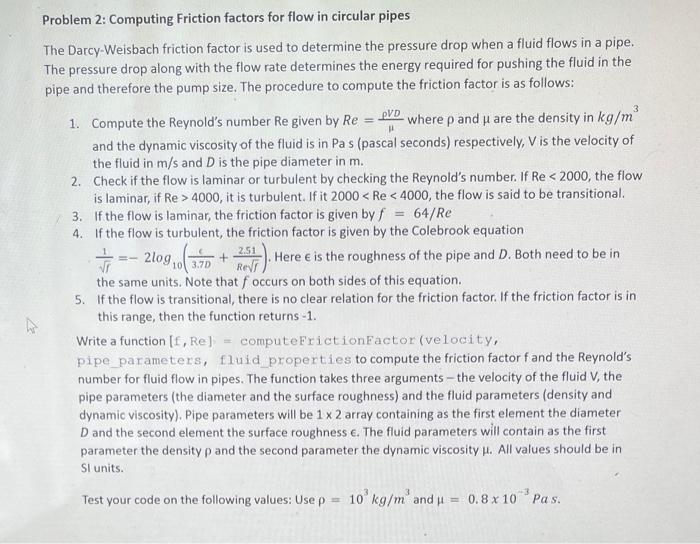 Solved Problem 2: Computing Friction factors for flow in | Chegg.com