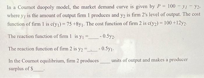 Solved In a Cournot duopoly model, the market demand curve | Chegg.com