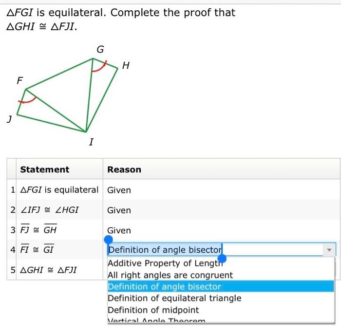 Solved AFGI is equilateral. Complete the proof that AGHI – | Chegg.com