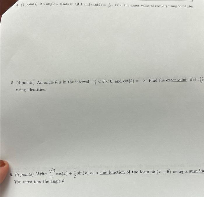Solved 4. (4 points) An angle θ lands in QIII and tan(θ)=73. | Chegg.com Solved 4. (4 points) An angle θ lands in QIII and tan(θ)=73. | Chegg.com