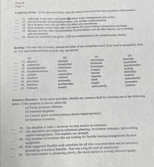 Grammar: In the space provided, write the letter | Chegg.com