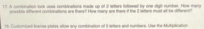 Solved 17. A combination lock uses combinations made up of 2 | Chegg.com