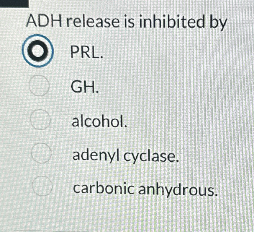 Solved ADH release is inhibited byPRL.GH.alcohol.adenyl | Chegg.com