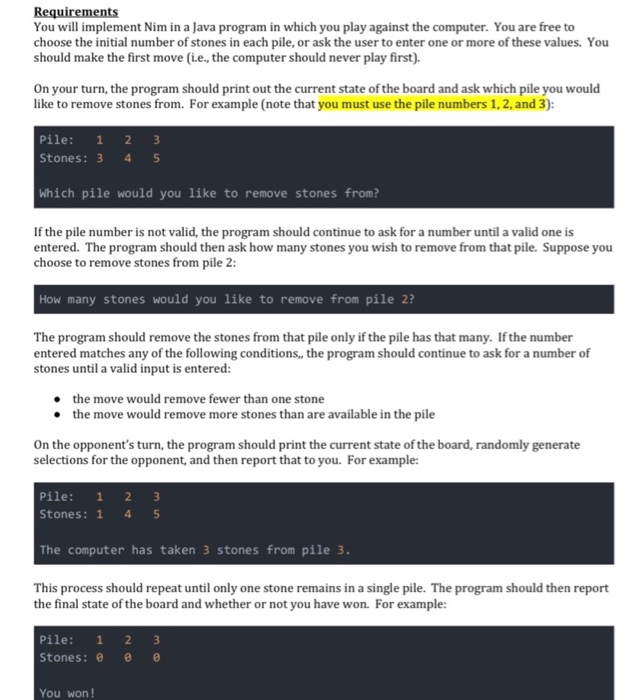 Solved Requirements You will implement Nim in a Java program | Chegg.com