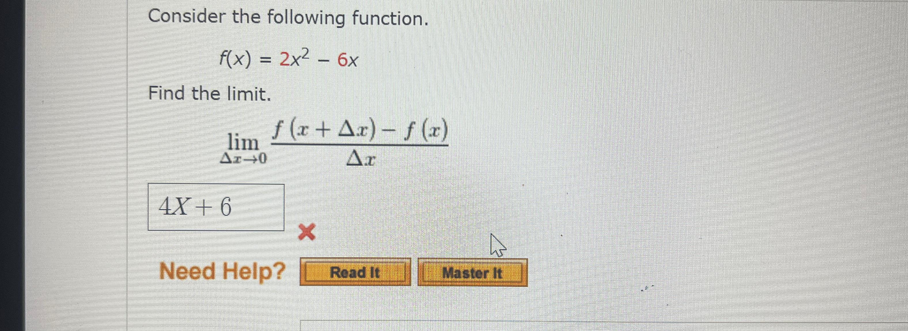Solved Consider the following function.f(x)=2x2-6xFind the | Chegg.com