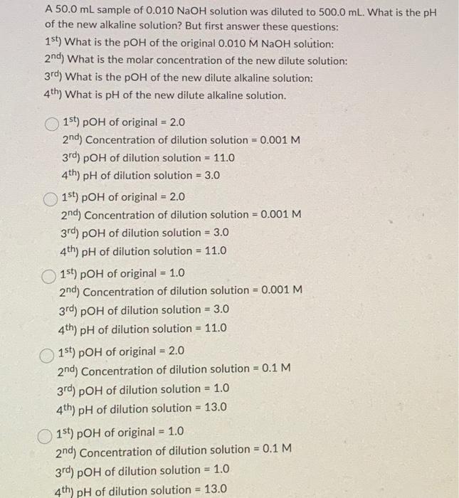 Solved A 50.0 mL sample of 0.010 NaOH solution was diluted | Chegg.com
