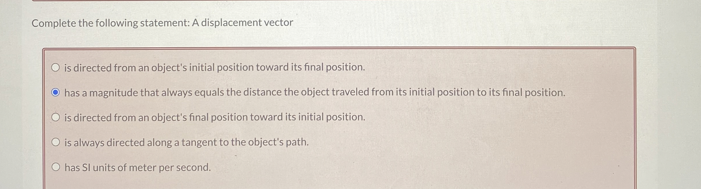 Solved Complete the following statement: A displacement | Chegg.com