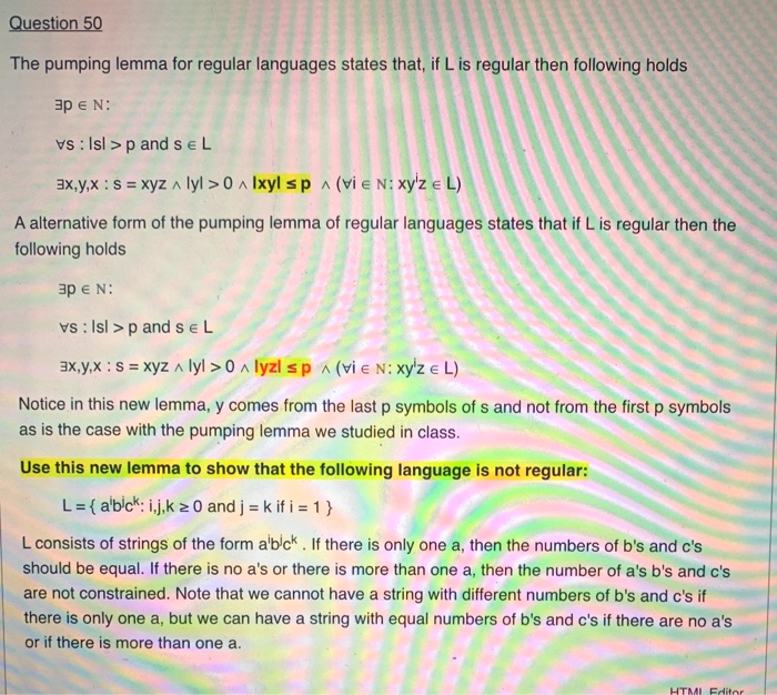 Solved Question 50 The pumping lemma for regular languages | Chegg.com