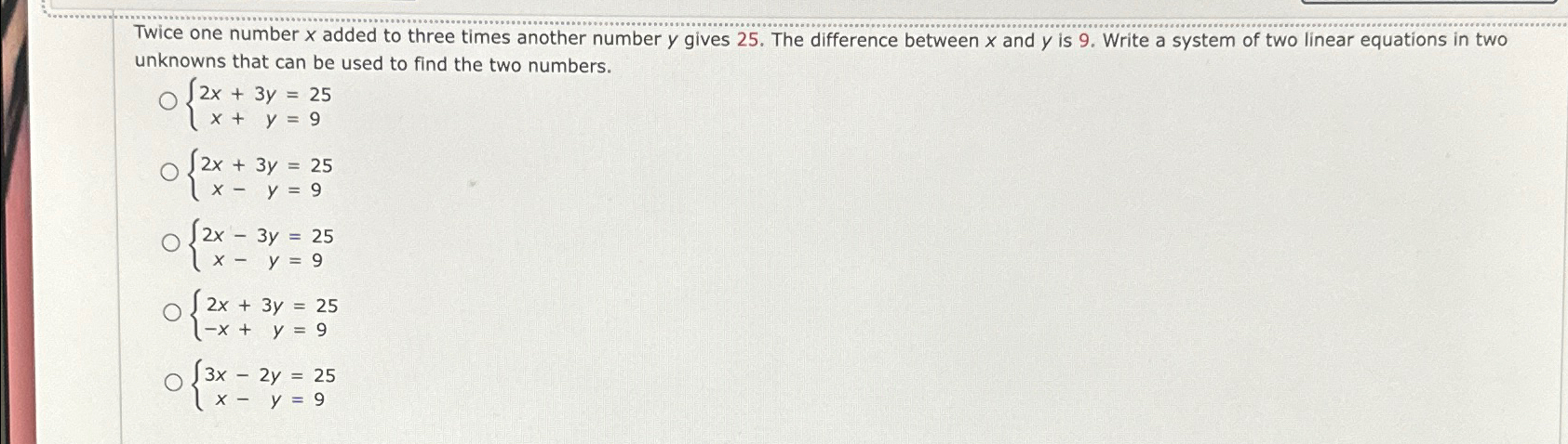 Solved Twice one number x ﻿added to three times another | Chegg.com