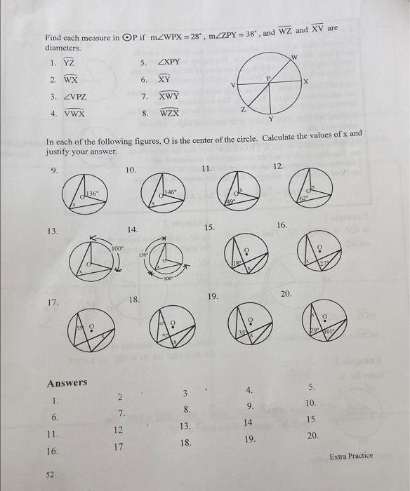 Solved Find each measure in ⊙OP if m∠WPX=28∘,m∠ZPY=38∘, and | Chegg.com