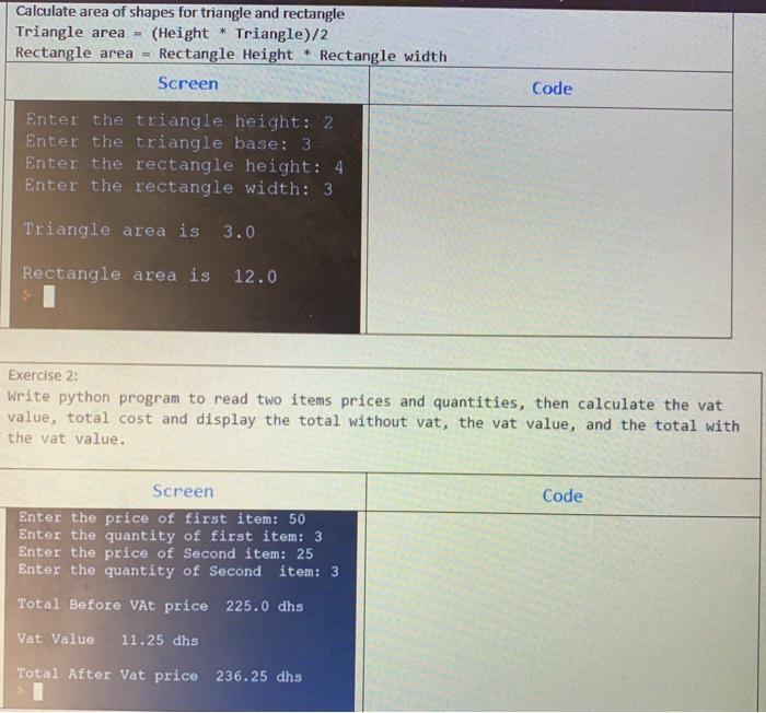 Solved Calculate area of shapes for triangle and rectangle | Chegg.com