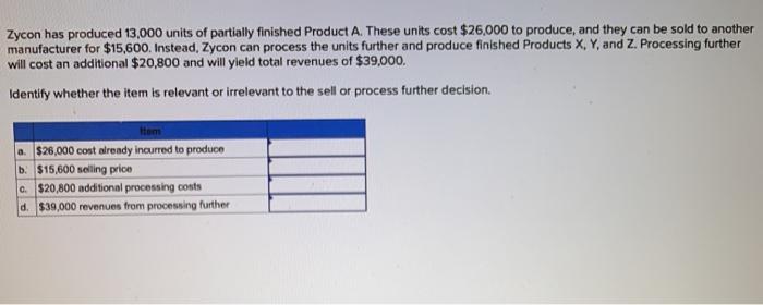 Solved Zycon has produced 13,000 units of partially finished | Chegg.com