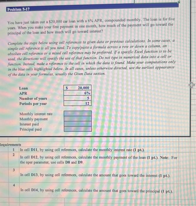 Solved You have just taken out a $20,000 car loan with a 6% | Chegg.com