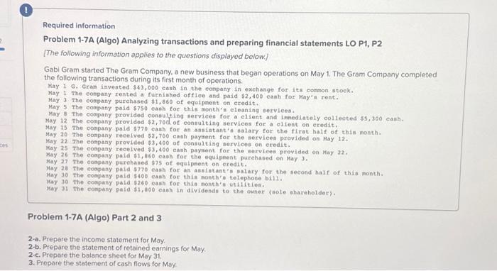 Solved Required information Problem 1-7A (Algo) Analyzing | Chegg.com
