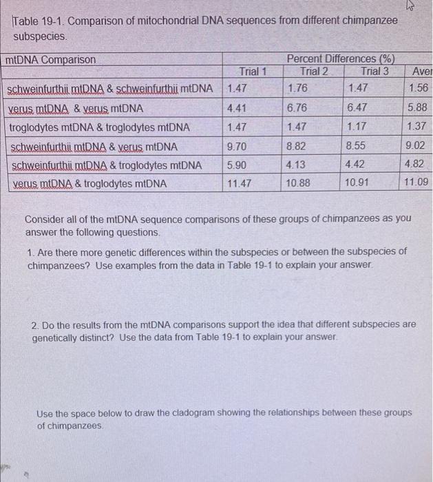 Solved Table 19-1. Comparison of mitochondrial DNA sequences | Chegg.com