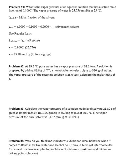 Solved Problem #1: What is the vapor pressure of an aqueous | Chegg.com